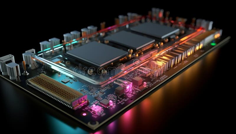 Close Up View of a Modern GPU Card with Circuit and Colorful Lights and ...