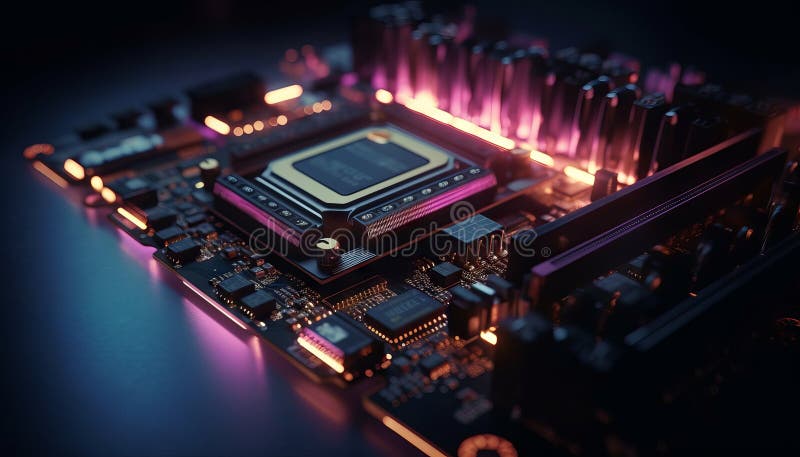 Close Up View of a Modern GPU Card with Circuit and Colorful Lights and ...