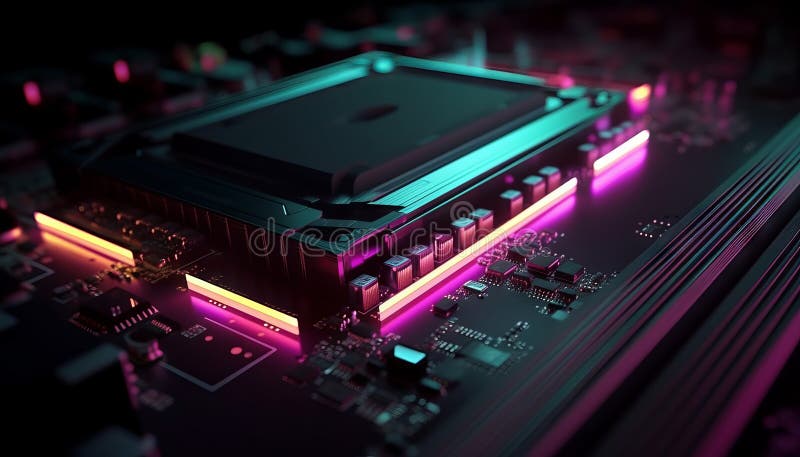 Close Up View of a Modern GPU Card with Circuit and Colorful Lights and ...