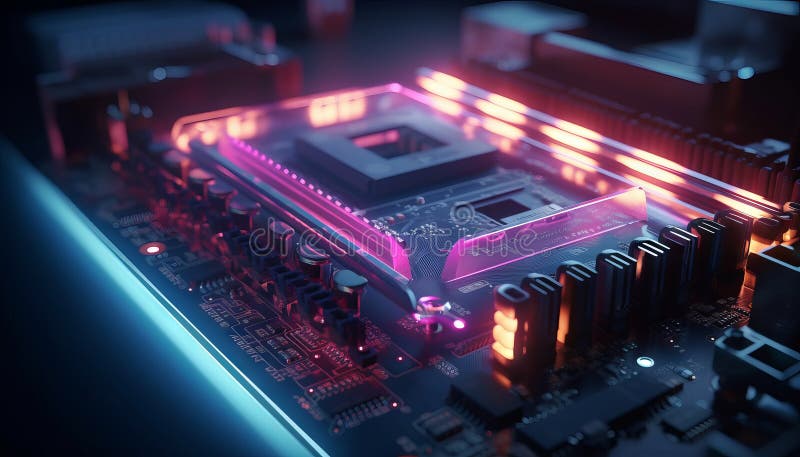 Close Up View of a Modern GPU Card with Circuit and Colorful Lights and ...