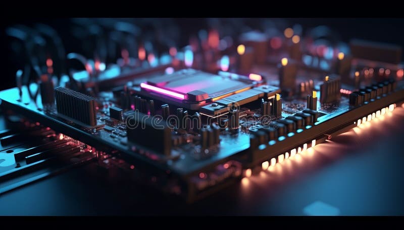 Close Up View of a Modern GPU Card with Circuit and Colorful Lights and ...