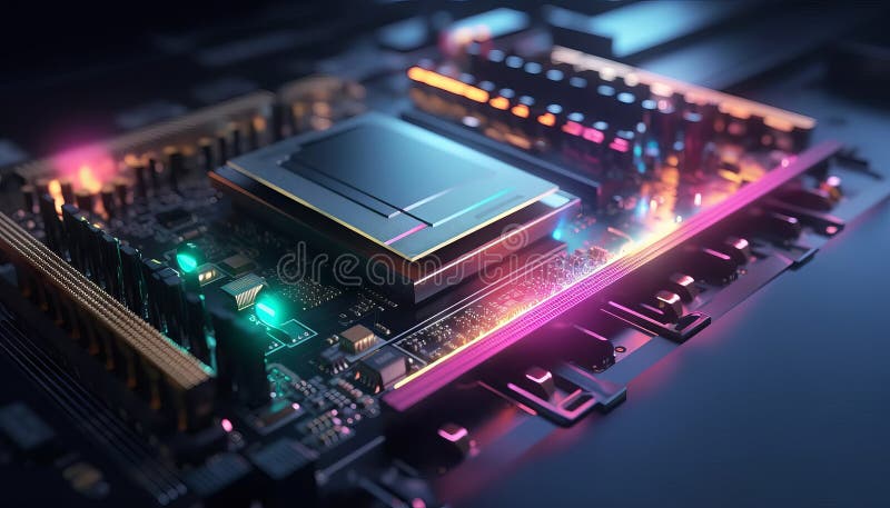 Close Up View of a Modern GPU Card with Circuit and Colorful Lights and ...
