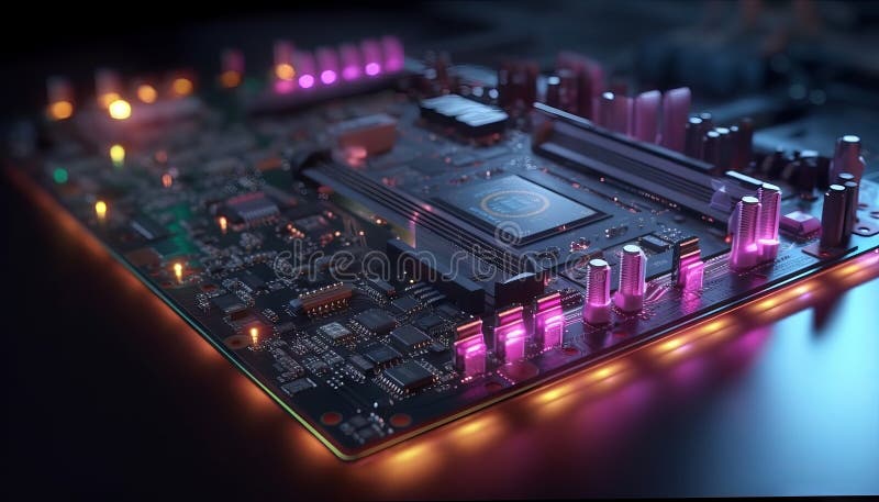 Close Up View of a Modern GPU Card with Circuit and Colorful Lights and ...