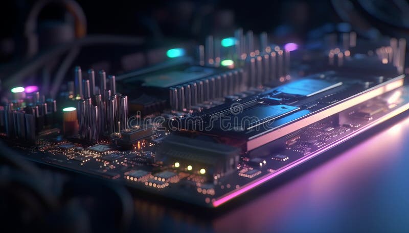 Close Up View of a Modern GPU Card with Circuit and Colorful Lights and ...