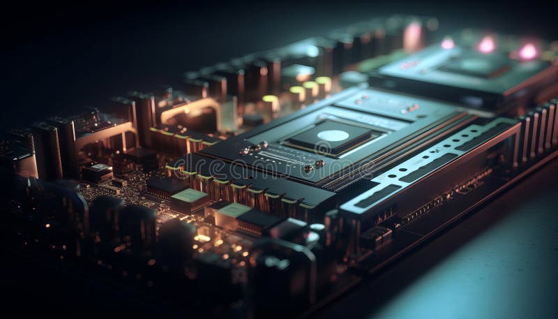 Close Up View of a Modern GPU Card with Circuit and Colorful Lights and ...