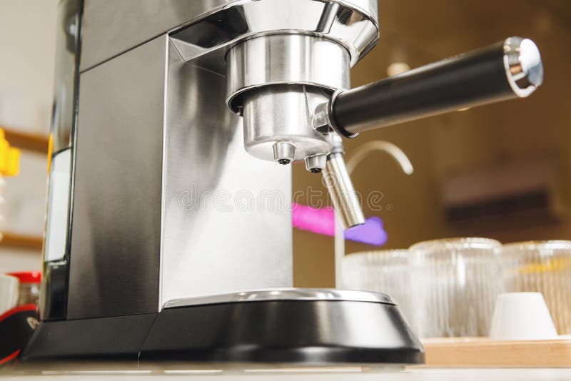 Close-Up View of Modern Grey Coffee Machine in Kitchen Setting Stock ...