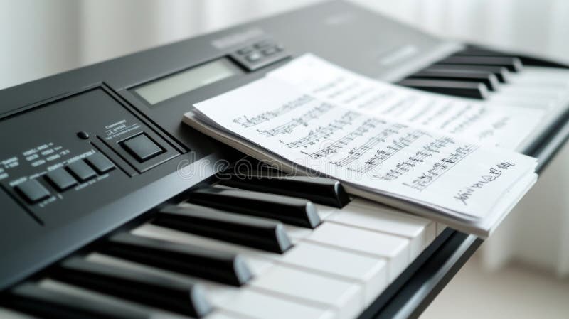 A Close-up View of a Modern Keyboard with Music Sheets. the Black Keys ...
