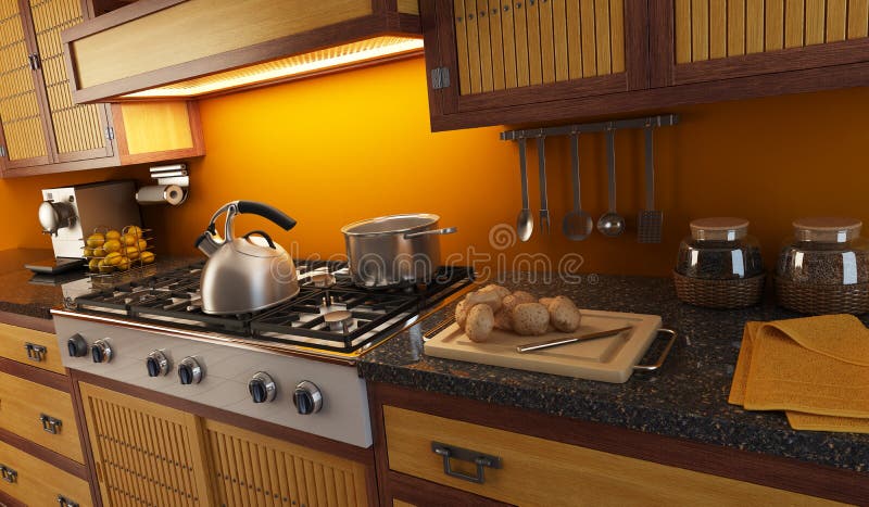 Close-up View of Modern Kitchen Stock Illustration - Illustration of ...