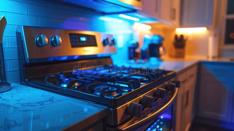 Close Up View of a Modern Kitchen with a Gas Stove and Blue LED Lights ...