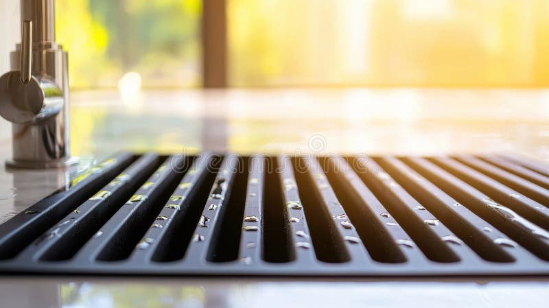 Close-Up View of a Modern Kitchen Sink Draining Water with Reflections ...