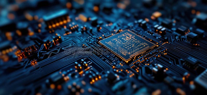 Close-up View of a Modern Microchip on a Circuit Board with Glowing ...