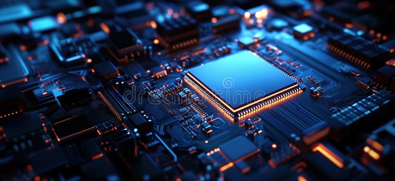 Close-up View of a Modern Microchip on a Circuit Board with Glowing ...