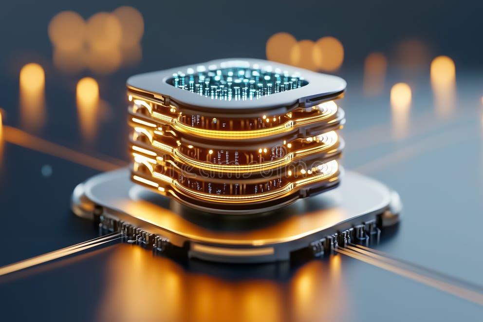 Close-up View of Modern Microprocessor with Intricate Circuitry and Glowing Elements. High-tech ...