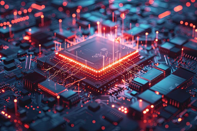 A Close-up View of a Modern Microprocessor on a Motherboard, Surrounded ...