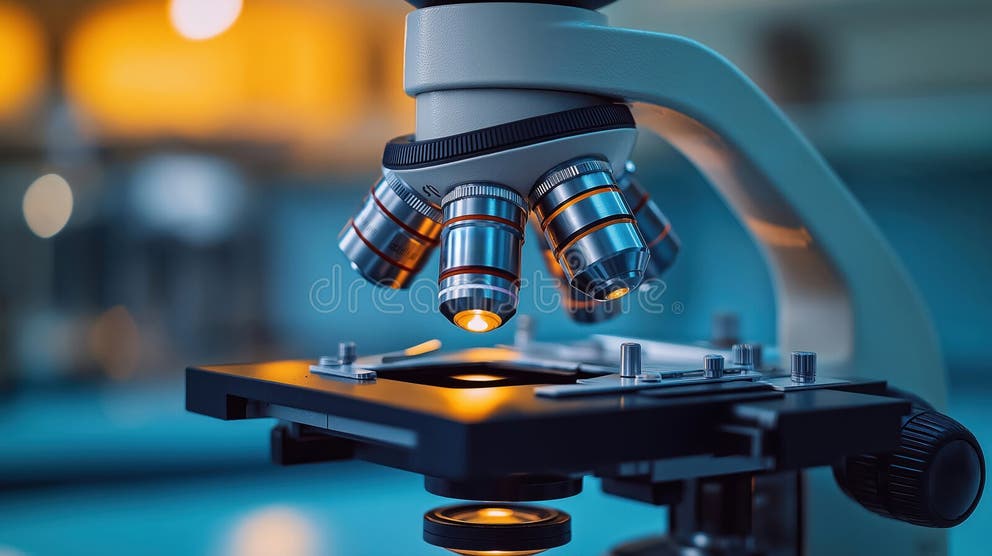 Close-up View of Modern Microscope. Microscope Lens Illuminated ...