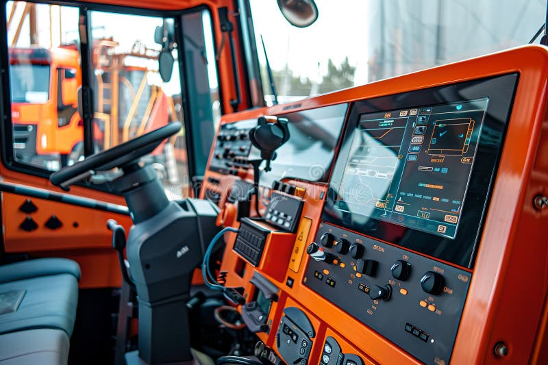 Close-up View of Modern Orange Tractor Cabin Interior with Electronic ...