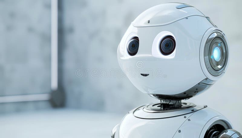 Close Up View of a Modern Robot with Led Eyes Blinking in a Futuristic ...