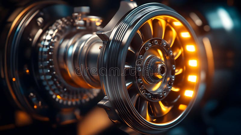 Close-up View of a Modern Turbo Engine Component with Illuminated ...