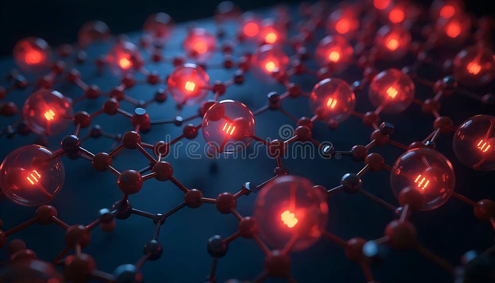 A Close Up View of a Molecular Structure with Red Glowing Spheres and ...