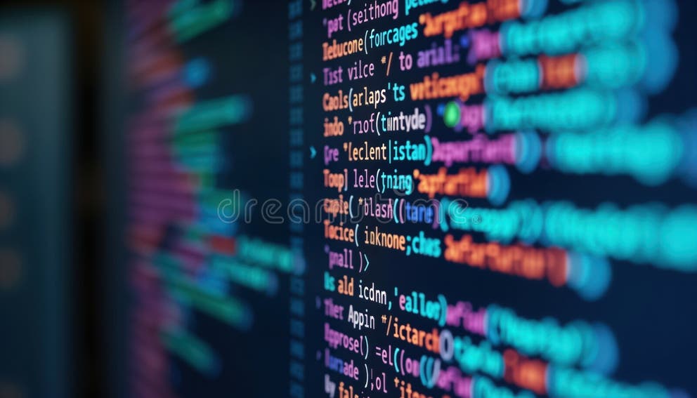 Close Up View of Monitor Screen Showing Colorful Source Code. Abstract Tech Background. Coding ...