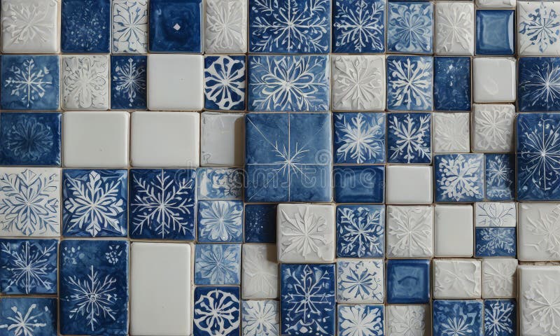 Close-up View Mosaic Blue and White Tiles Arranged in Grid-like Pattern ...