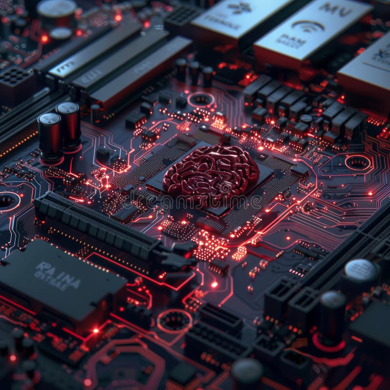 Close-Up View of a Motherboard with a Brain-Shaped Chip Stock Image ...