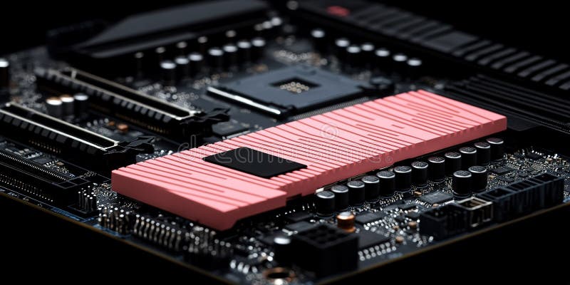 Close-up View of a Motherboard Featuring a Pink Cooling Module and ...