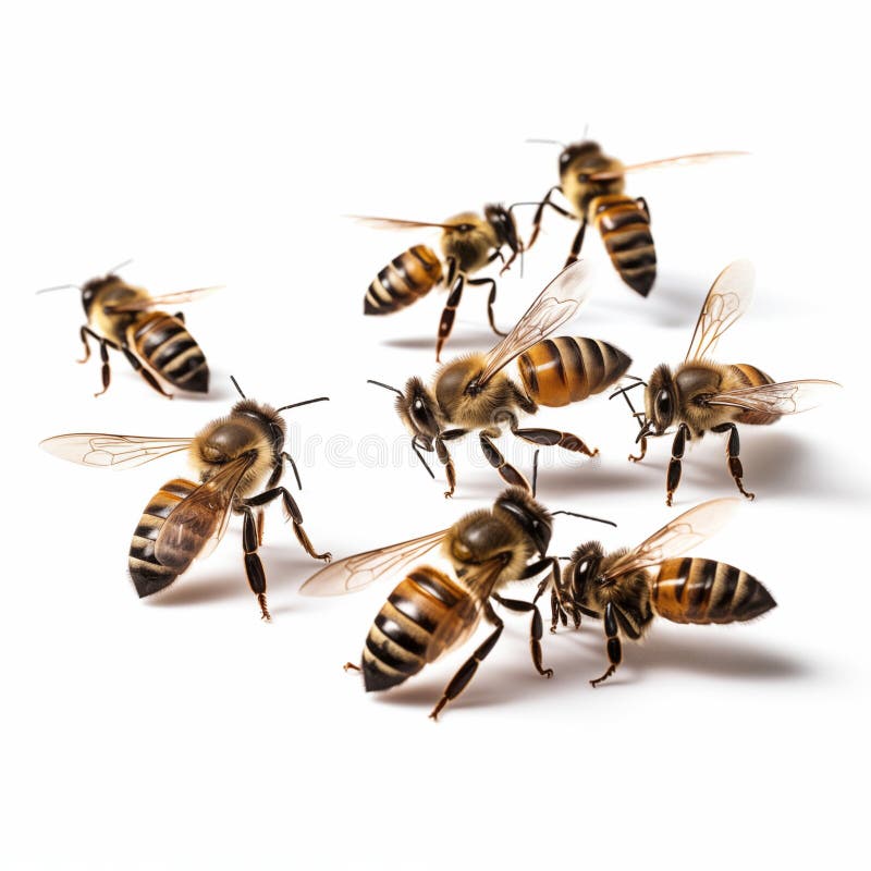 A Close-up View of Multiple Bees Gathering on a Bright White Surface in ...