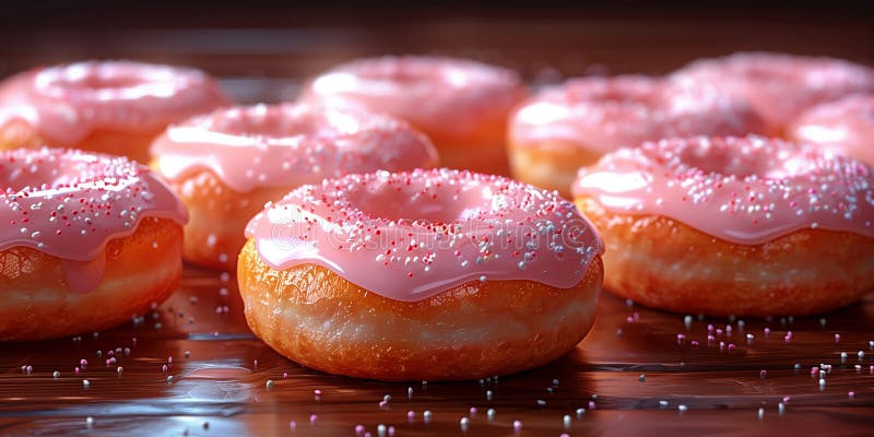 A Close-up View of Multiple Doughnuts with Pink Icing on Top Stock ...