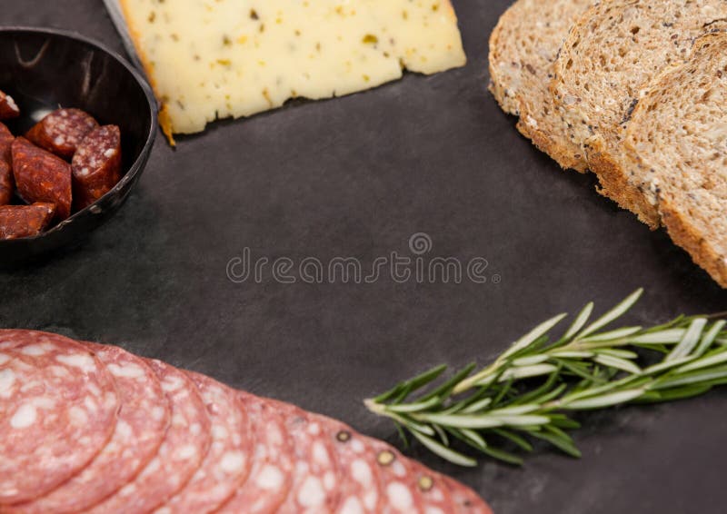 Close Up View of Multiple Food Items on Black Surface Stock Image ...