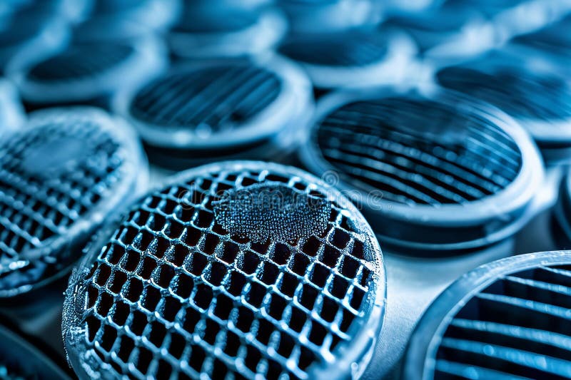 Close-Up View of Multiple Metal Grids Aligned in Rows, Evoking ...