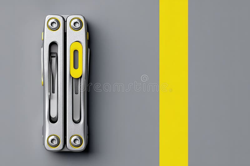 Multitool Laid Flat on a Gray Surface with a Yellow Stripe Highlighting ...