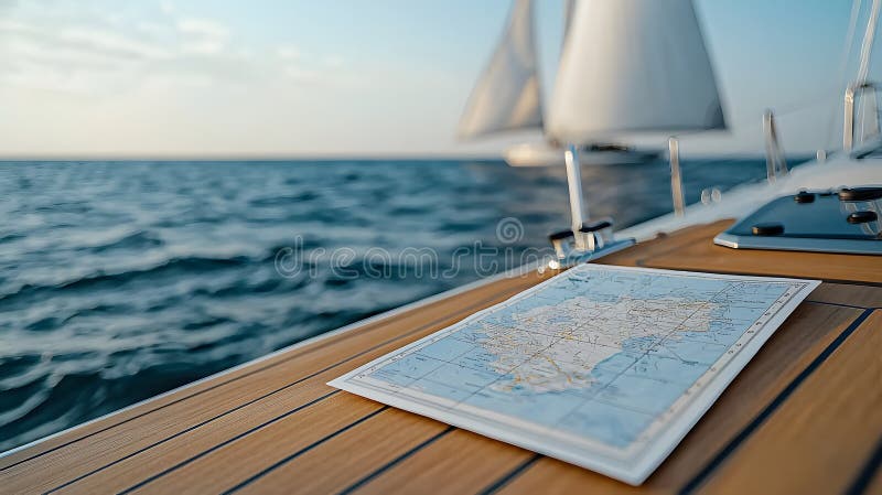 Close-Up View of Navigation Chart on Sailboat Deck with Ocean in the ...