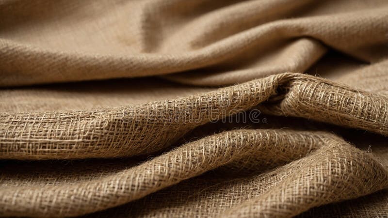 Close-up View of Neatly Folded Beige Colored Burlap Fabric in an Abstract Pattern, Adding ...