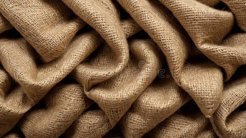 Close-up View of Neatly Folded Beige Colored Burlap Fabric in an Abstract Pattern, Adding ...
