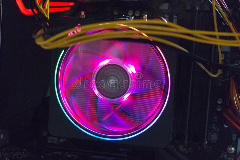 Close Up View of Neon Light Computer Fan. Stock Image - Image of info ...