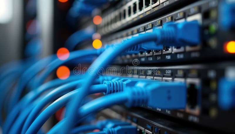Close-up View of Network Connections. Blue Network Cables Connect To ...