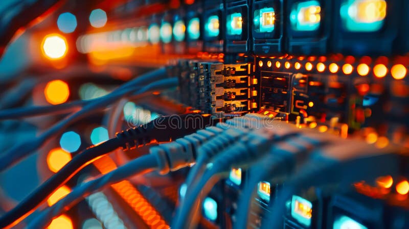 A Close-up View of a Network Hub, with Cables Connecting and ...