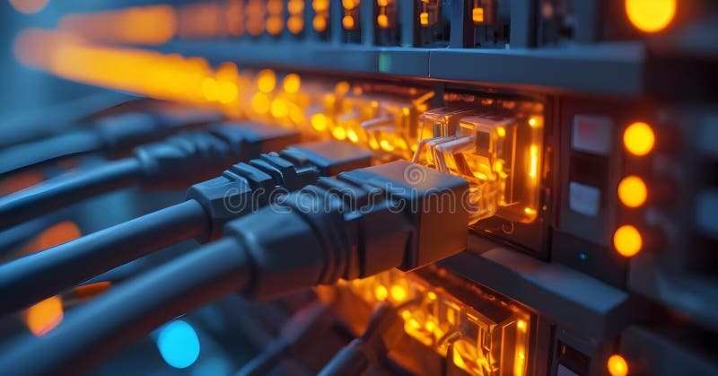 Close-up View of Network Switch with Ethernet Cables Connected. Concept ...