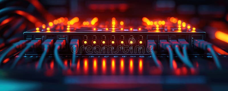 Close-up View of Network Switch with Many Cables Plugged in. Red Lights ...