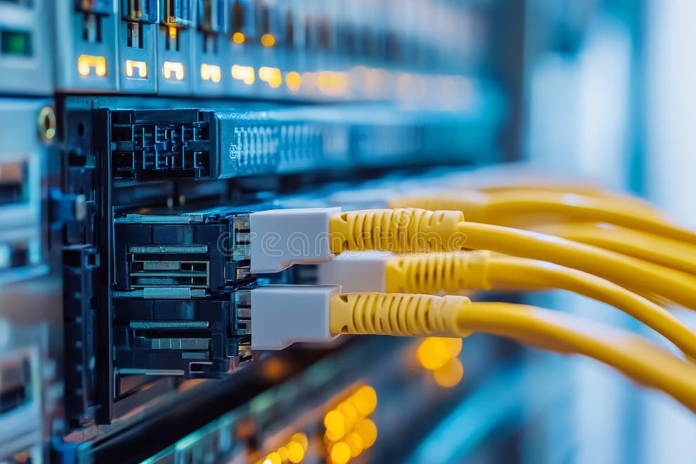 Close-up View of a Network Switch with Yellow Ethernet Cables Plugged ...