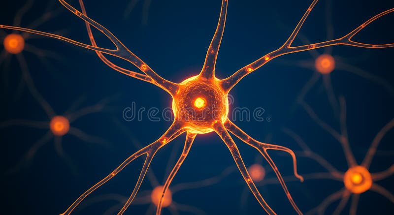 Microscopic View of a Neuron Cell Network Glowing Orange in the Dark ...