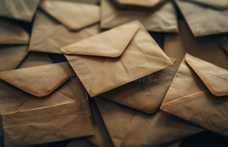 A Close Up View of Old Brown Envelopes Stacked on a Blue Surface Stock ...