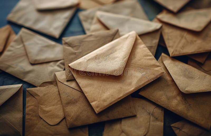 A Close Up View of Old Brown Envelopes Stacked on a Blue Surface Stock ...