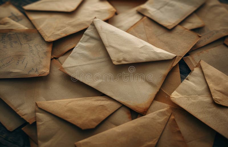 A Close Up View of Old Brown Envelopes Stacked on a Blue Surface Stock ...
