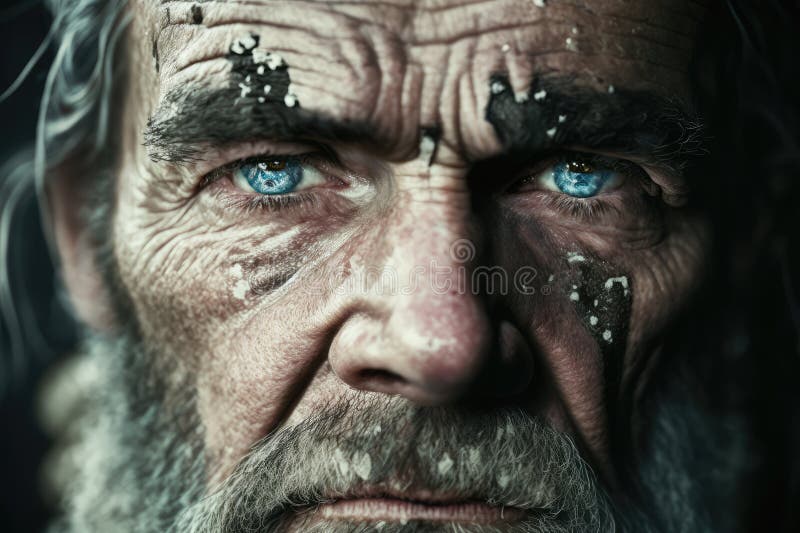 Close Up View of Old Warrior Man Face with Serious and Sad Emotion ...