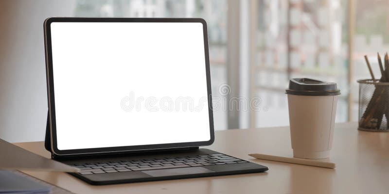 Close-up View of Open Blank Screen Laptop Computer with Office Supplies ...