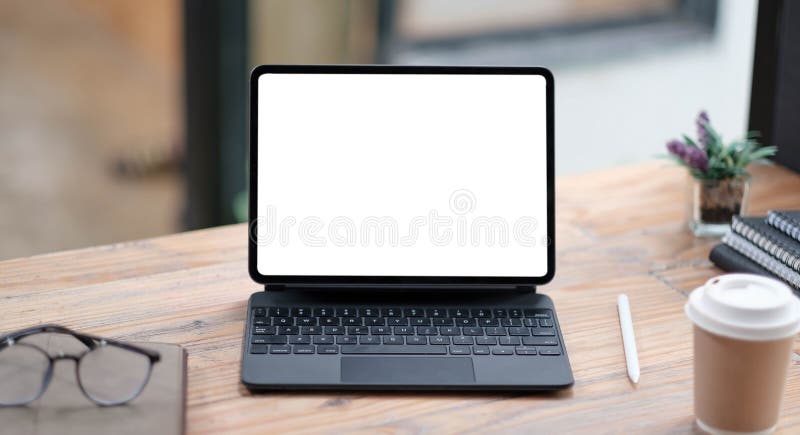 Close-up View of Open Blank Screen Laptop Computer with Office Supplies ...