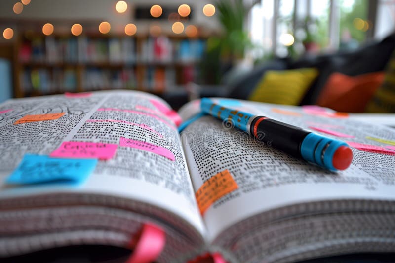 Open Book with Colorful Pen and Sticky Notes in a Library Setting Stock ...