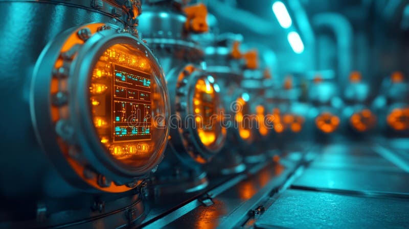 Close-up View of Orange-glowing Control Panels in a High-tech ...